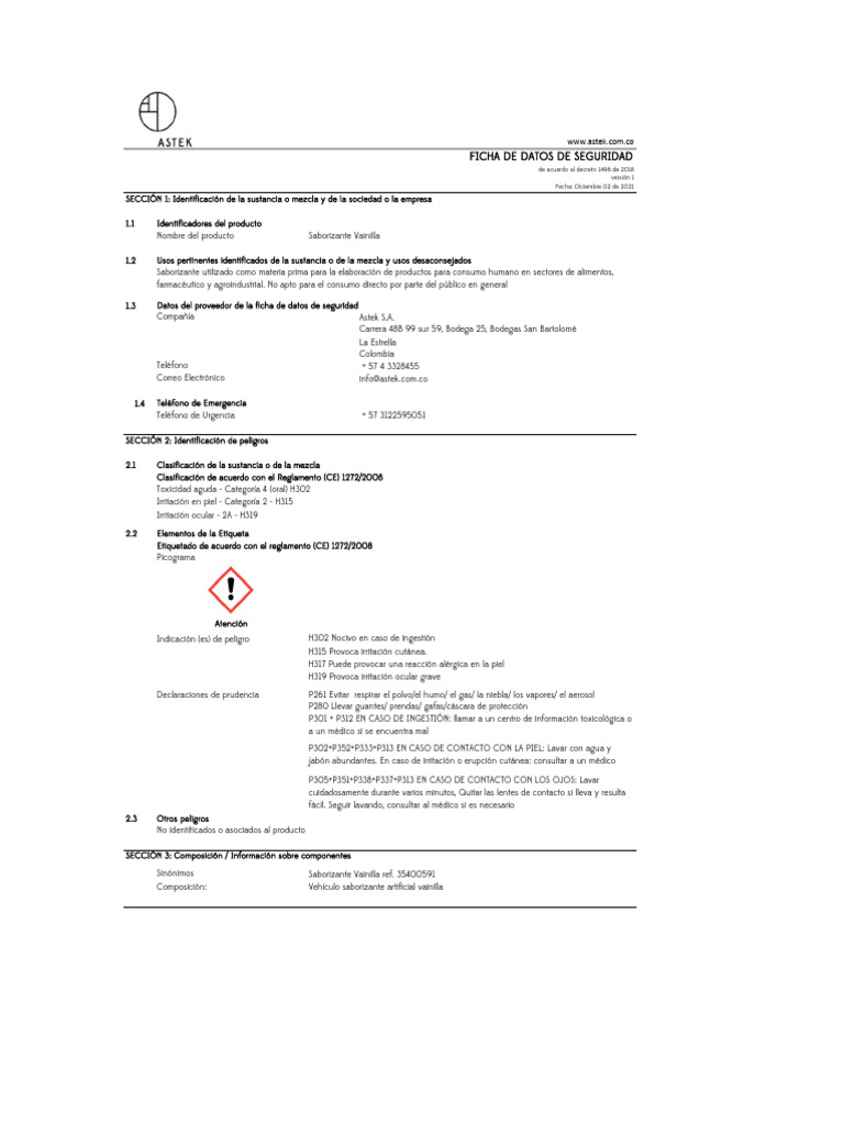 6. Ficha de Datos de Seguridad SABORIZANTE VAINILLA | Descargar gratis PDF | Agua | Guante