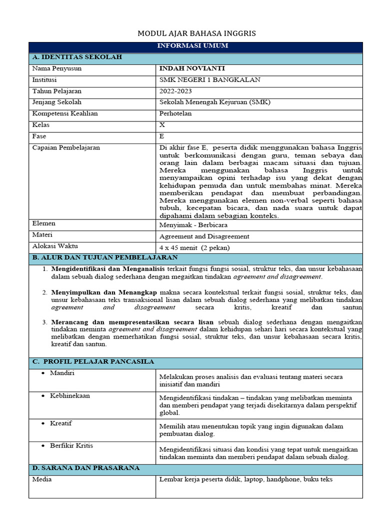 MODUL AJAR BIG 3 Agreement and DisAgreement | PDF