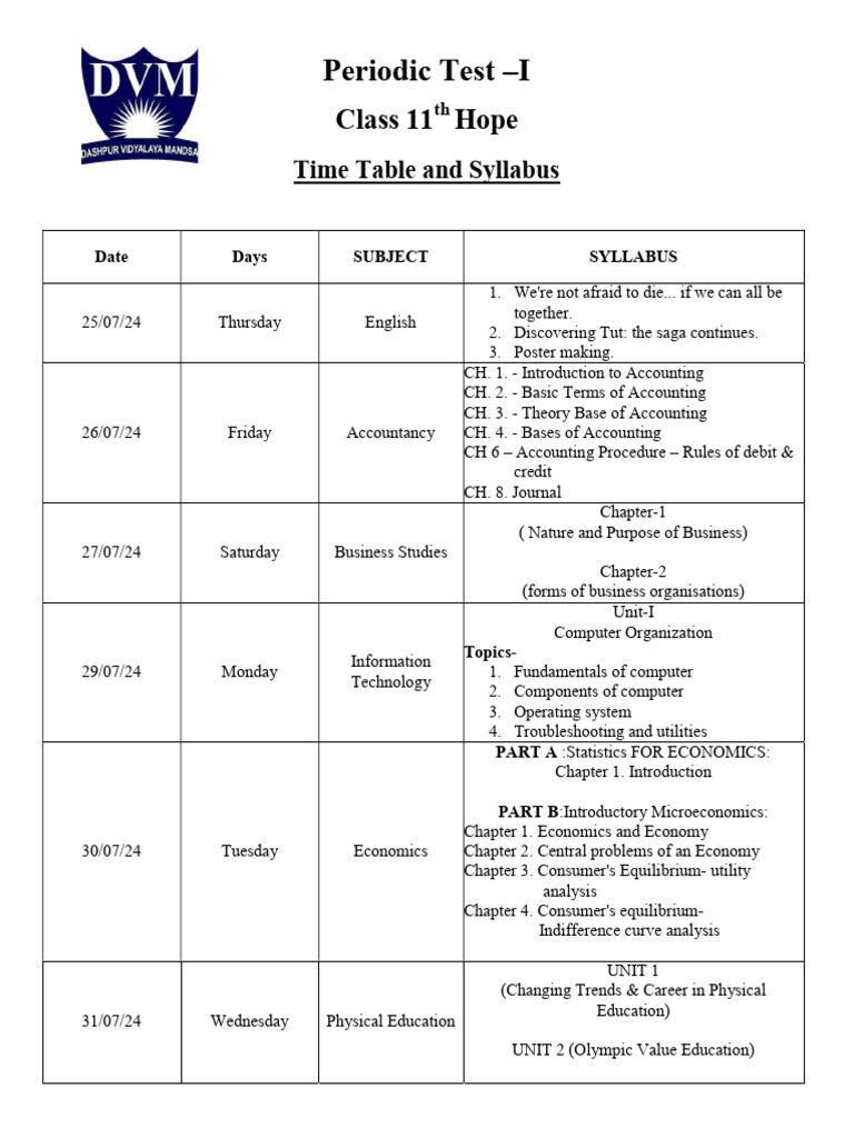 PT-1 Time Table & Syllabus Class 11th Hope | PDF | Economics | Microeconomics