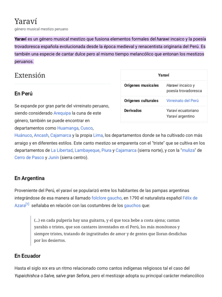 Yaraví - Wikipedia, La Enciclopedia Libre (1) | PDF | Perú