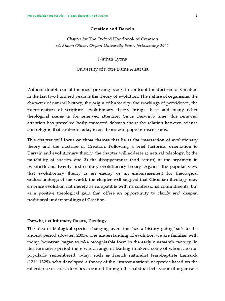 Creation and Darwin - Nathan Lyons | PDF | Evolution | Natural Selection