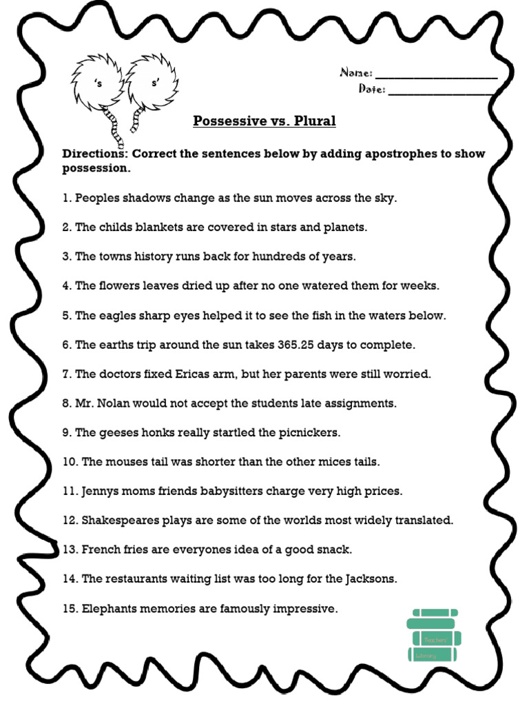 Possessive vs. Plural: L Name: - Date | PDF