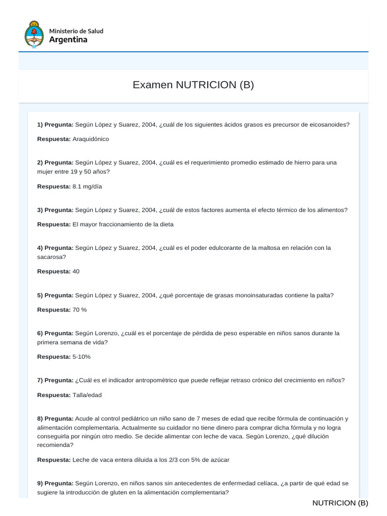 Examen 2020 Solo Nutri | PDF | Amamantamiento | Nutrición