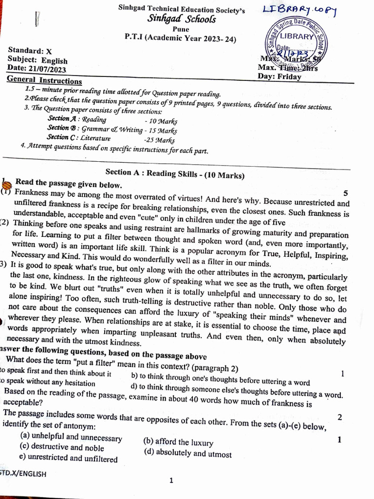 STD X (Last Year P. T. 1 Exam Papers) | PDF
