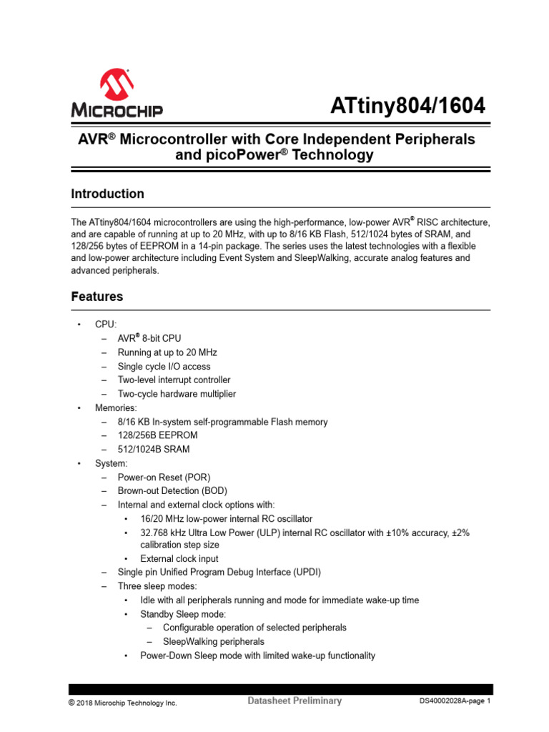 ATtiny804 1604 Data Sheet 40002028A-1588519 | PDF | Microcontroller | Computer Hardware