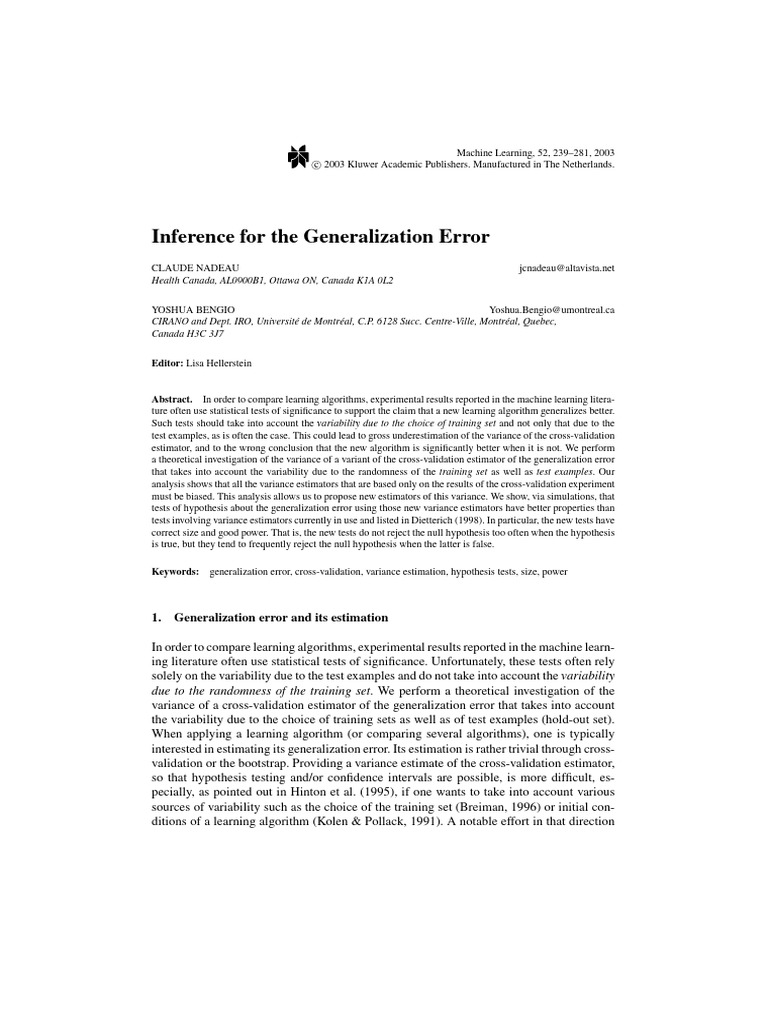 Inference For The Generalization Error | PDF | Estimator | Variance