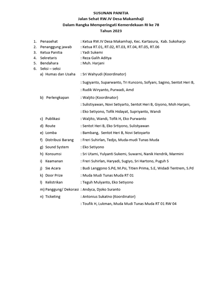 Susunan Panitia Jalan Sehat | PDF