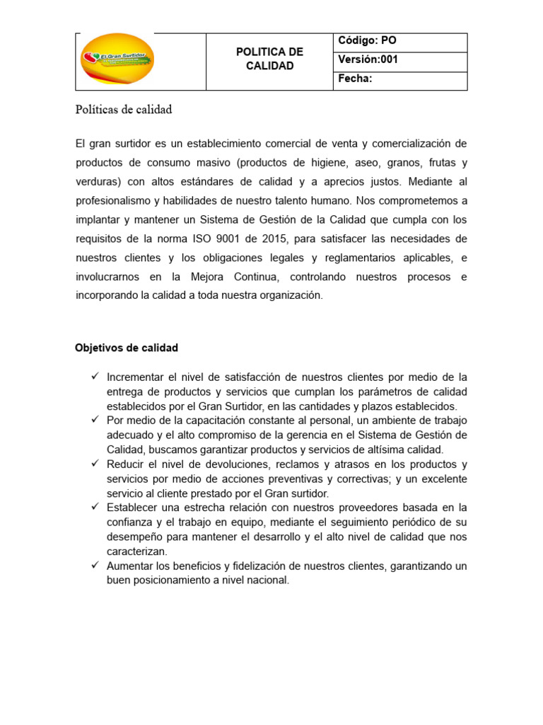 Politica de Calidad Final 3333 | PDF | Calidad (comercial) | Sistema de manejo de calidad