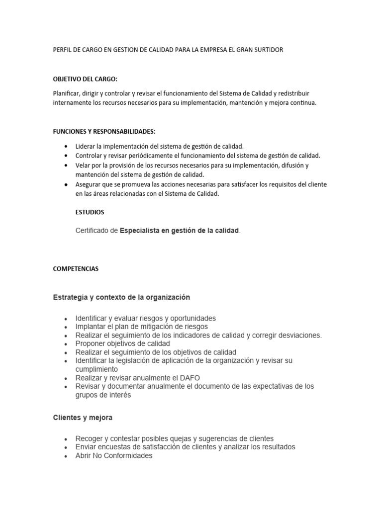 PERFIL DE CARGO EN GESTION DE CALIDAD PARA LA EMPRESA EL GRAN SURTIDOR | PDF | Calidad ...