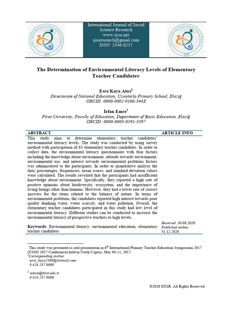 The Determination of Environmental Literacy Levels of Elementary ...