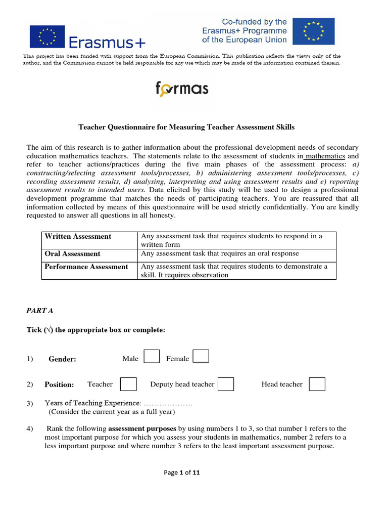 Teacher Questionnaire Measuring Assessment Skills-EN | PDF ...