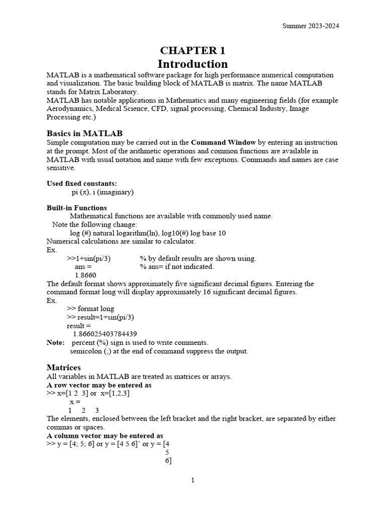 CH-1, MATH-5 - LECTURE - NOTE - Summer23-24 | PDF | Matlab | Matrix (Mathematics)