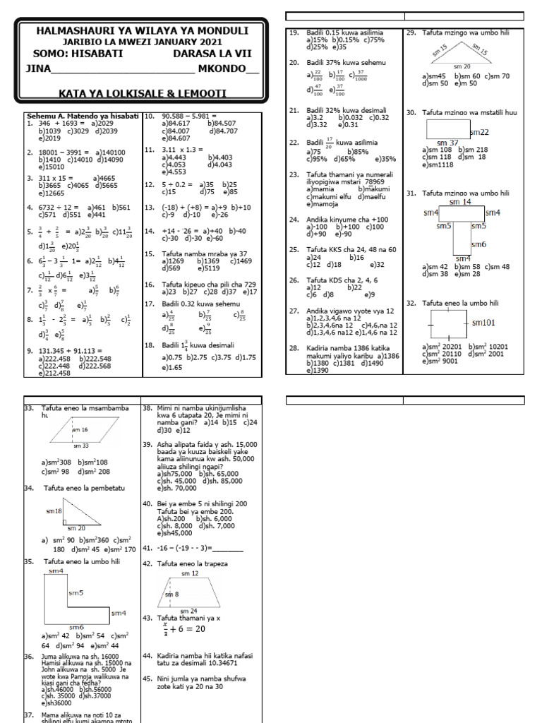 Hisabati 7 PKG 1 | PDF