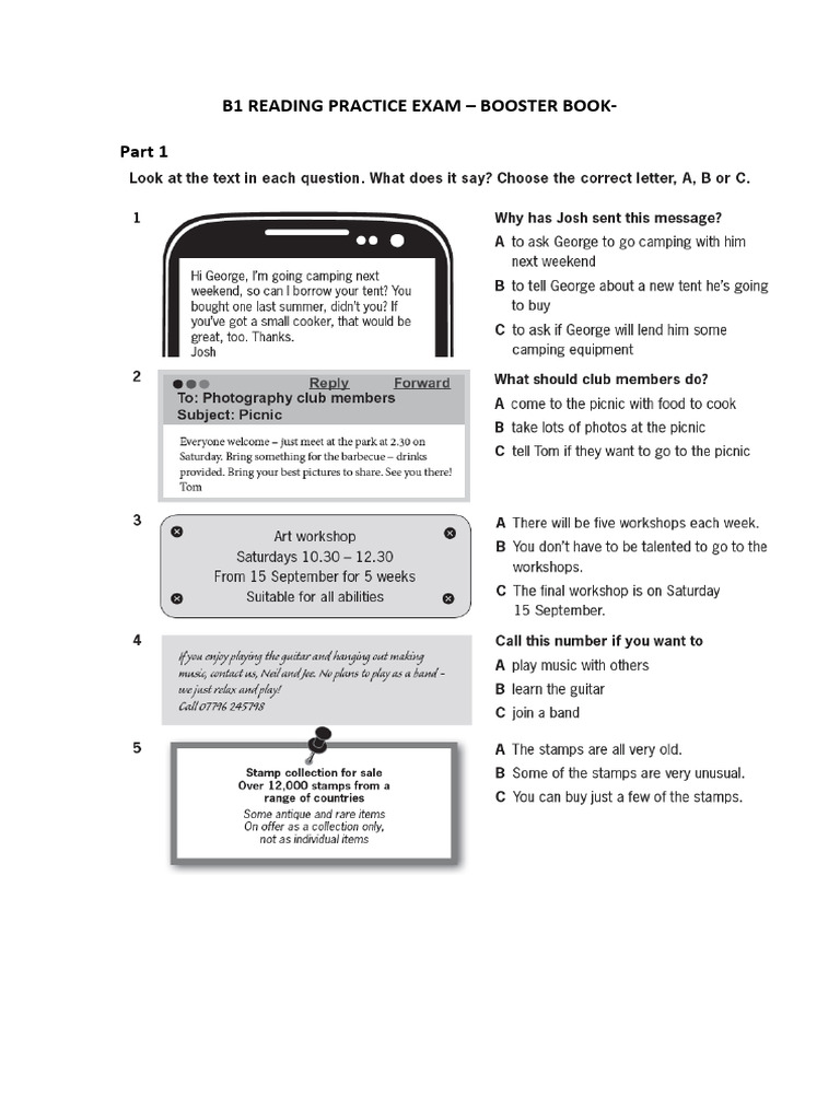 B1 Reading Practice Exam (Booster 1) | PDF