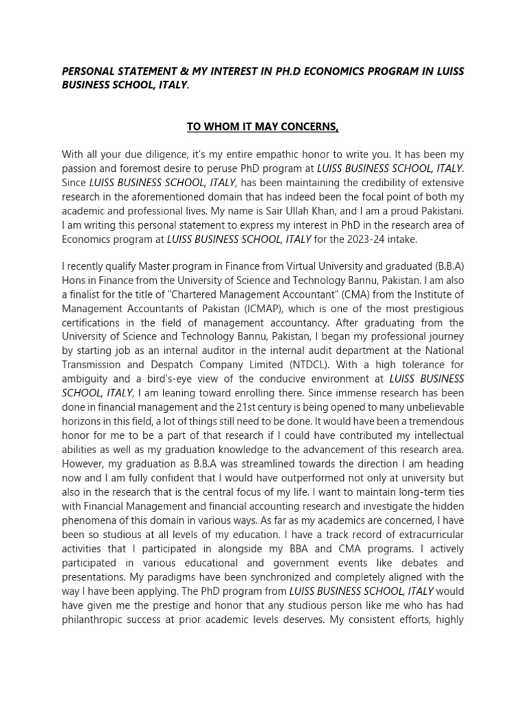 PhD Economics Program Personal Statement | PDF | Accountant | Business