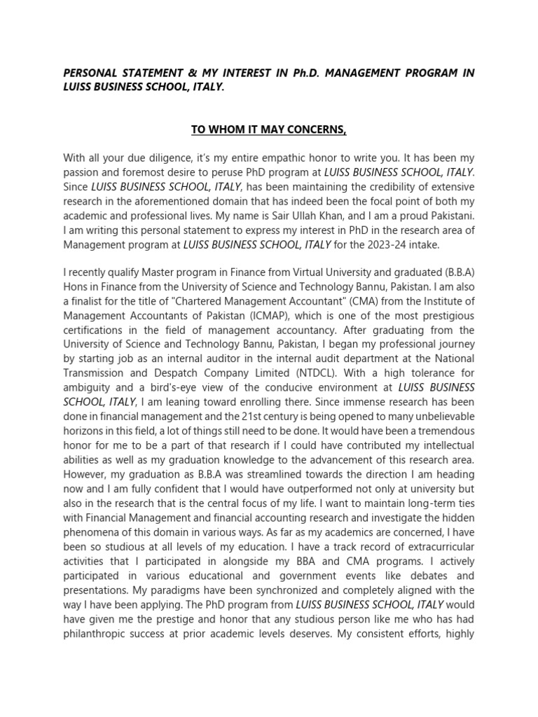 Personal Statement For Ph.D. Program in Management | PDF | Accountant ...