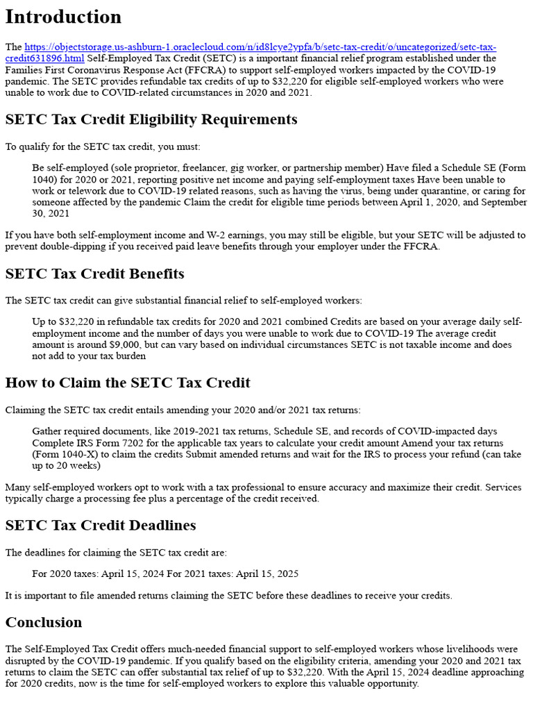 Self-Employed Tax Credit (SETC) Guide | PDF | Self Employment | Small ...
