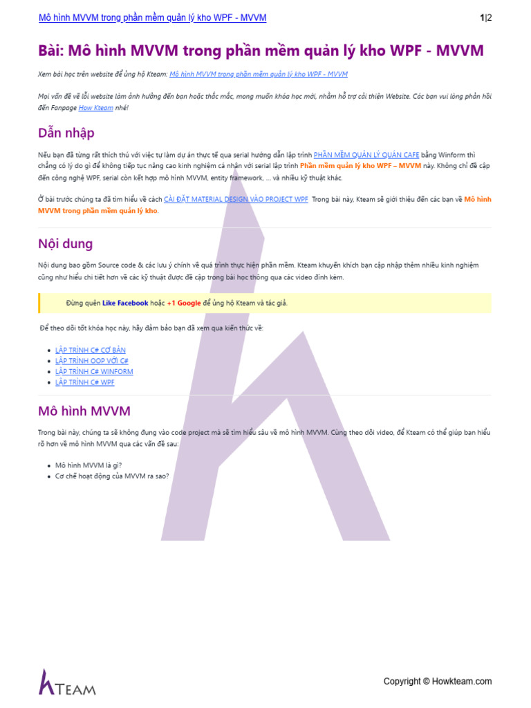 HOWKTEAM.VN - Mô hình MVVM trong phần mềm quản lý kho WPF - MVVM | PDF