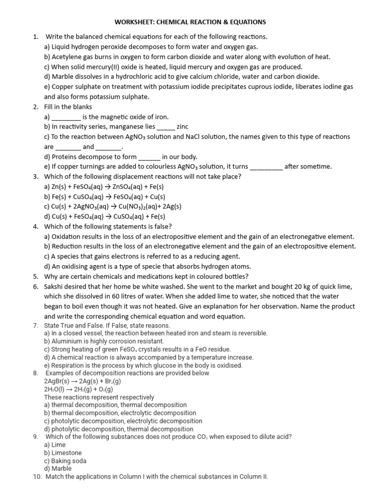 Chemical Reactions and Equations Worksheet | PDF | Chemical Reactions ...