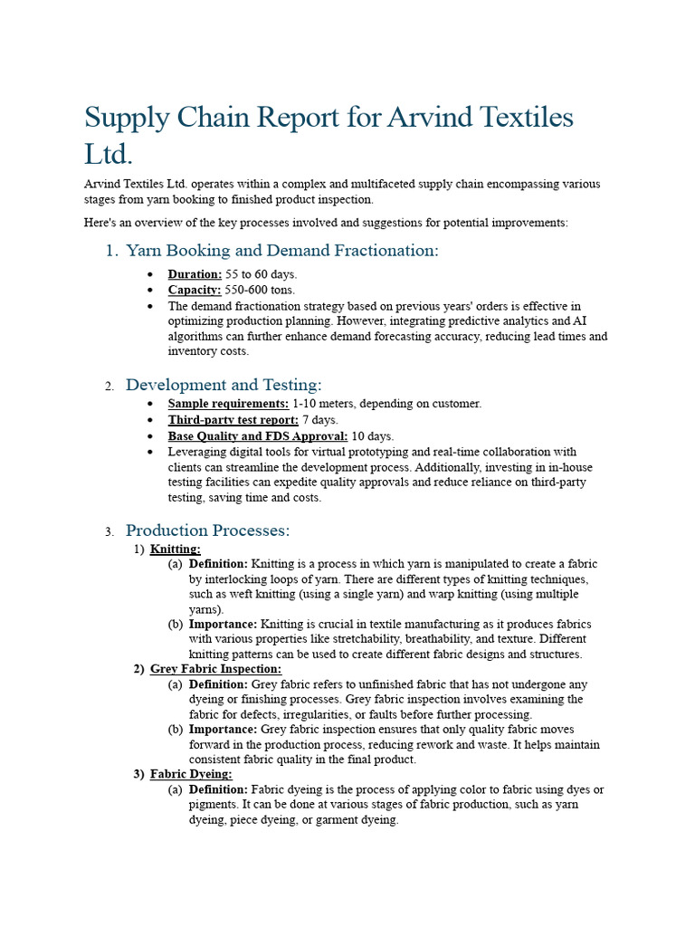 Supply Chain Report For Arvind Textiles LTD | PDF | Textiles | Dyeing