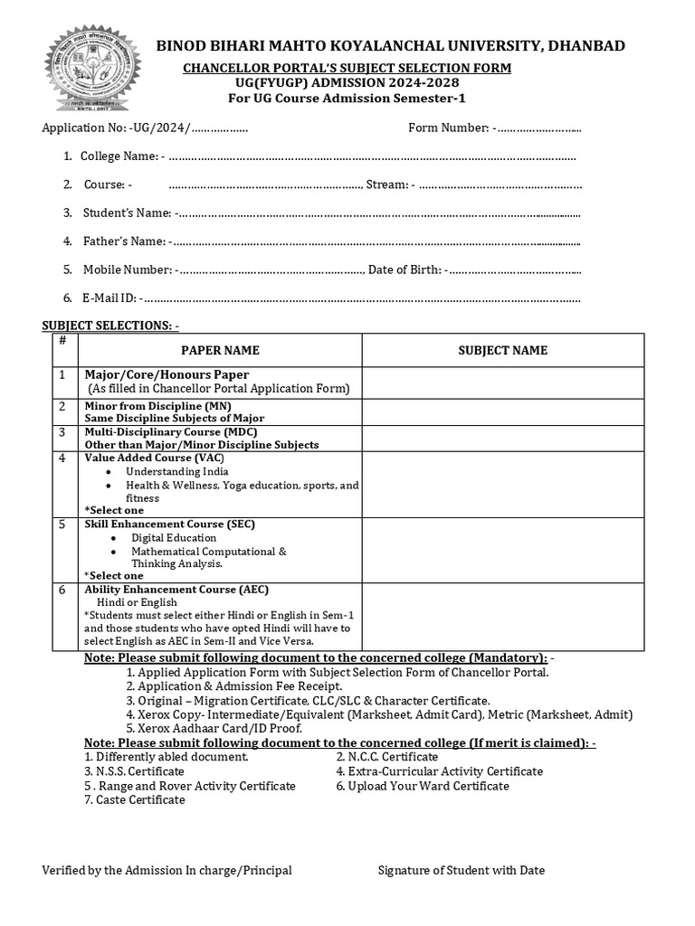 Subject Selection Form 2024 | PDF