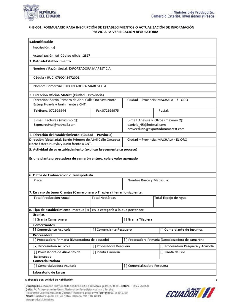 FHS 001. Formulario de Inscripcion A Actualizacion de Establecimientos Pesqueros o | PDF