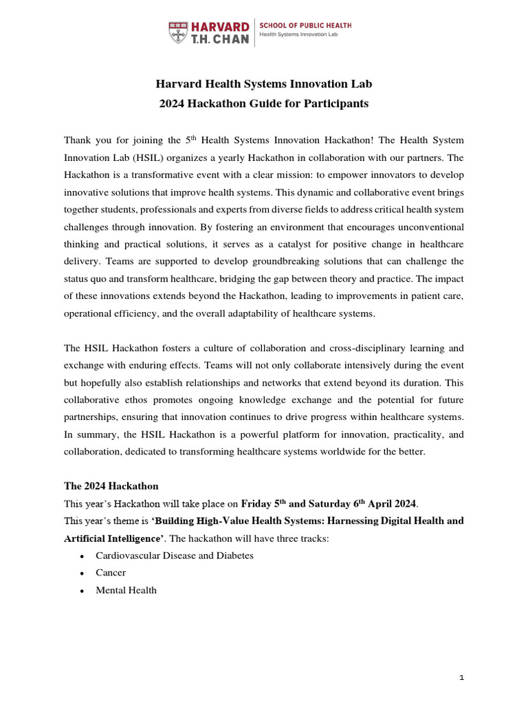 HSIL Hackathon Guide - Participants - Vshared | PDF | Health System | Innovation