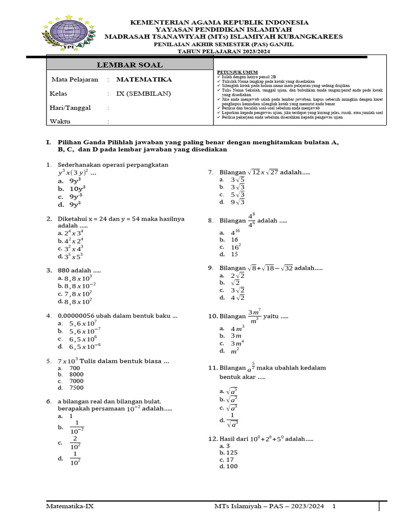 SOAL PAS MTK SMP Kelas 9 - New | PDF | Metode & Bahan Ajar