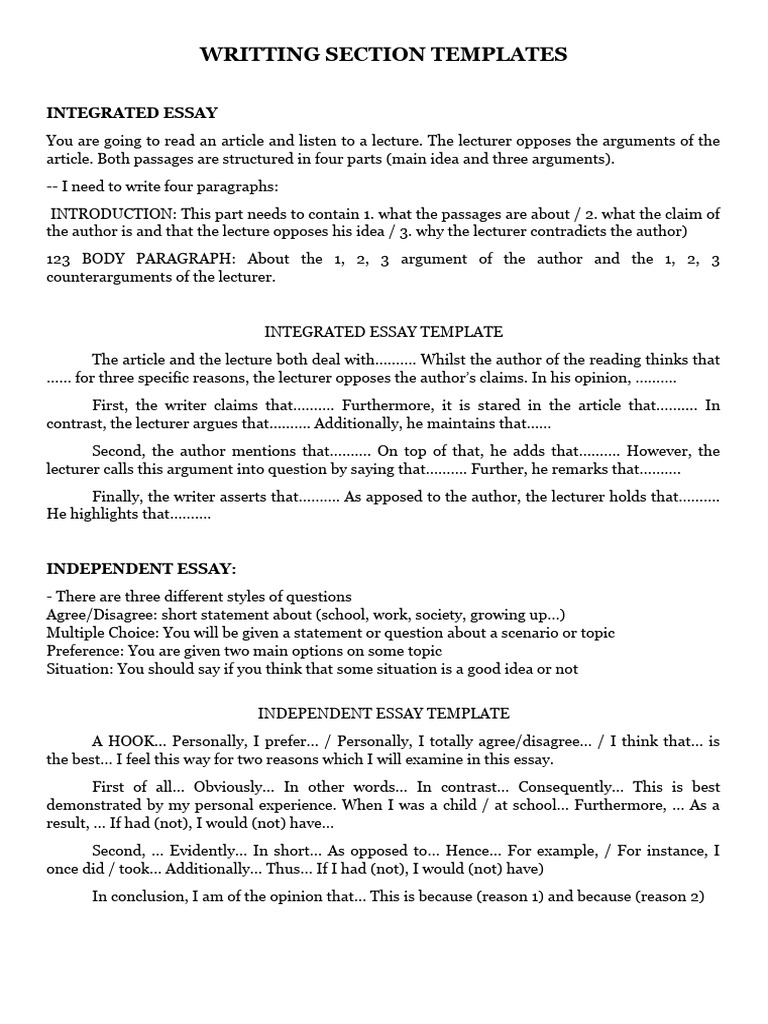 Integrated and Independent Essay Templates | PDF | Language Arts ...