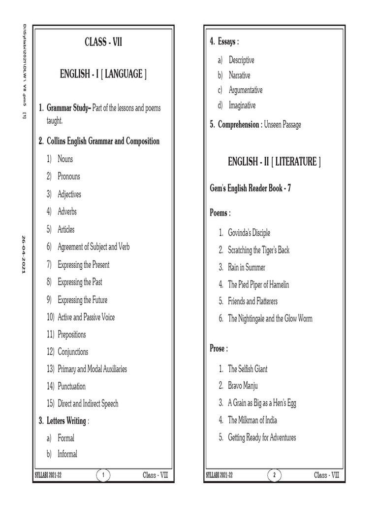 Class 7 Reduces Syllabus 2021-22 | PDF | English Language | English Grammar