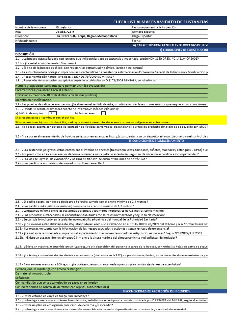 CHECK LIST ALMACENAMIENTO DE SUSTANCIAS QUÍMICAS PELIGROSAS - Agosto 2021 | PDF | La seguridad ...