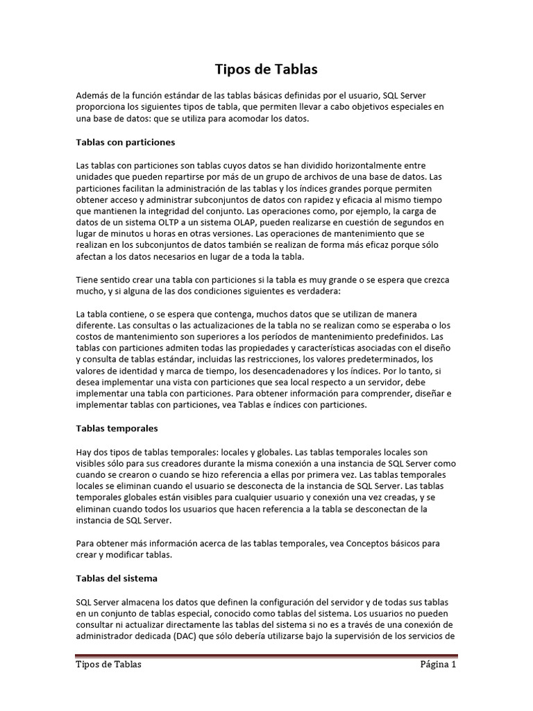 Tipos de Tablas | PDF | Servidor SQL de Microsoft | Tabla (base de datos)