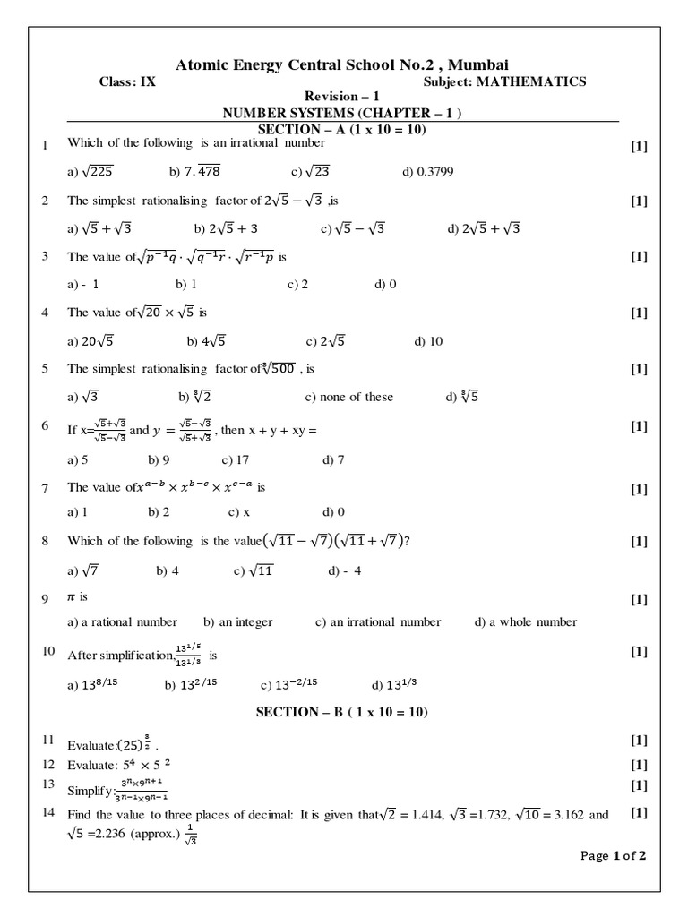 Class 9 Mathematics: Number Systems Revision | PDF | Numbers | Decimal