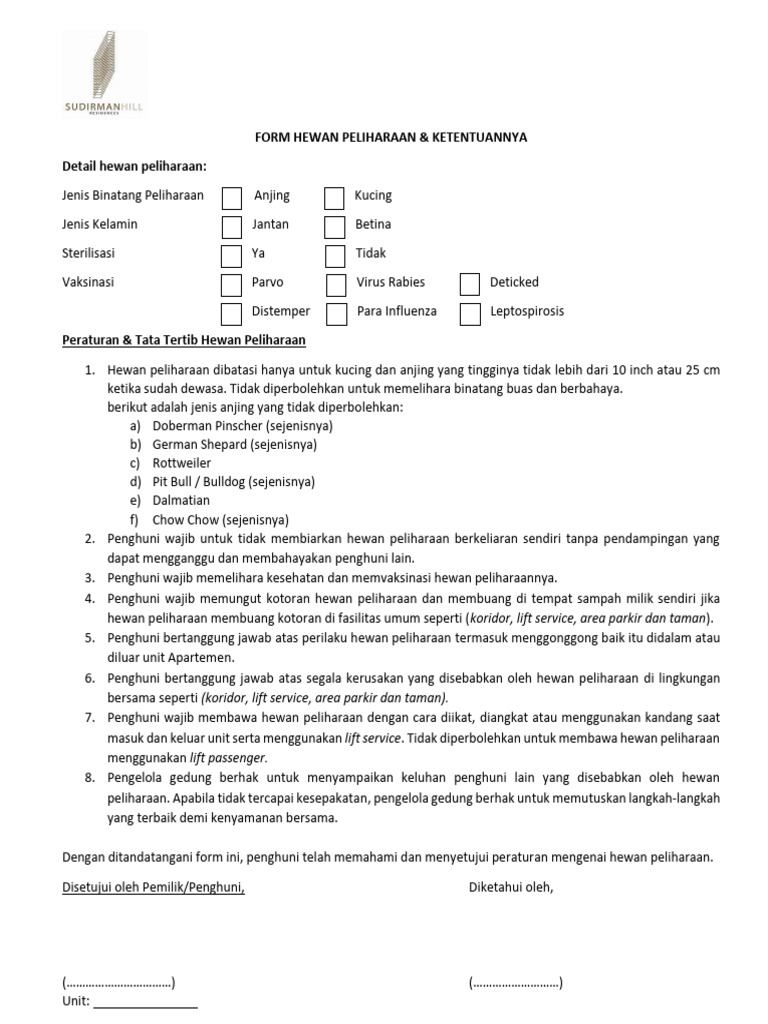 Form Hewan Peliharaan Dan Ketentuannya | PDF