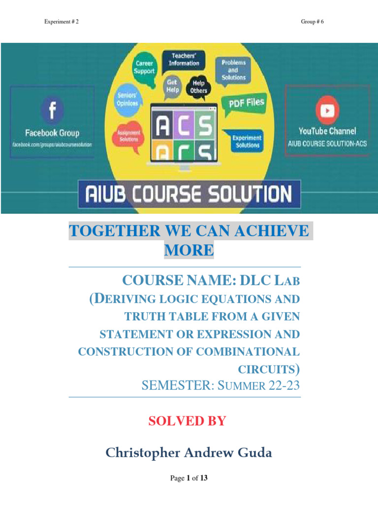 DLC Lab 2 (Deriving Logic Equations and Truth Table From A Given ...