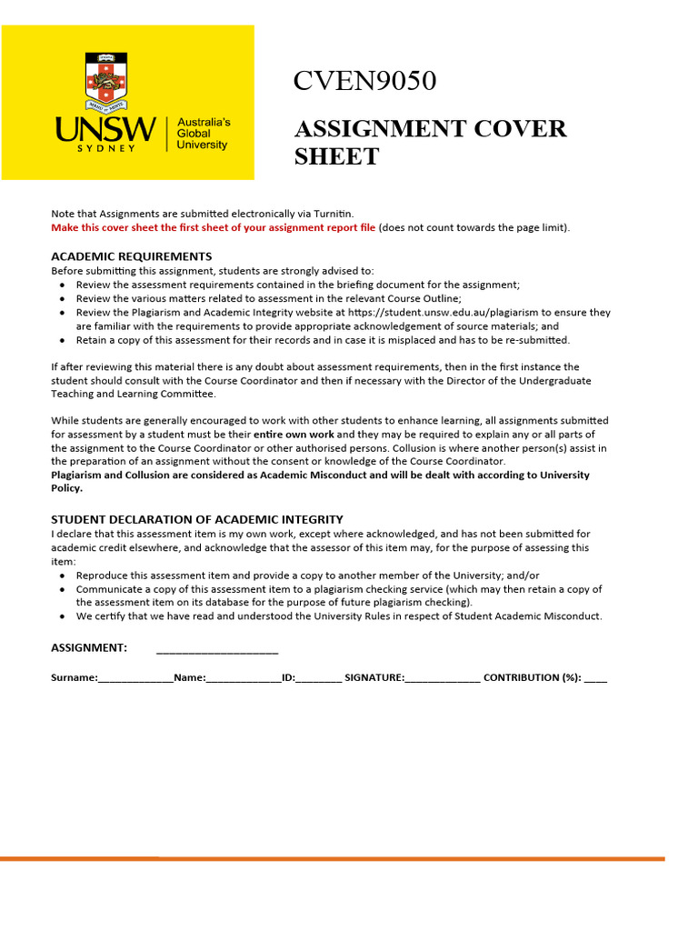 CVEN9050 Assignment CoverSheet | PDF | Plagiarism | Academic Integrity