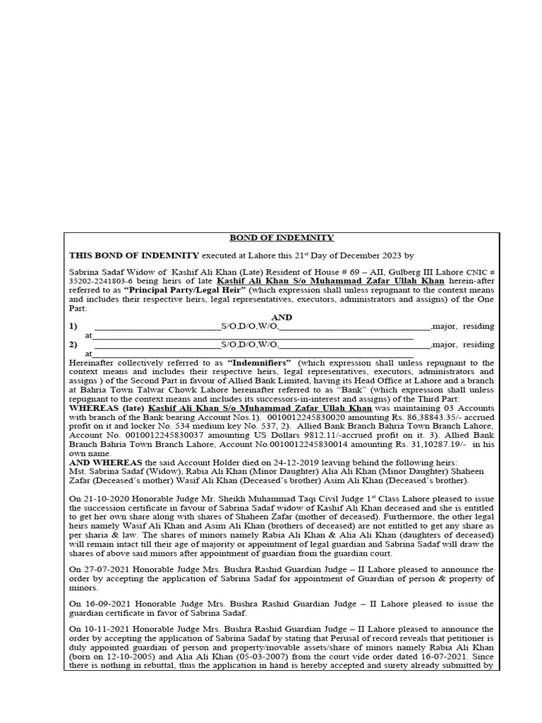 Indemnity Bond 21-12-2023 | PDF | Banks | Indemnity