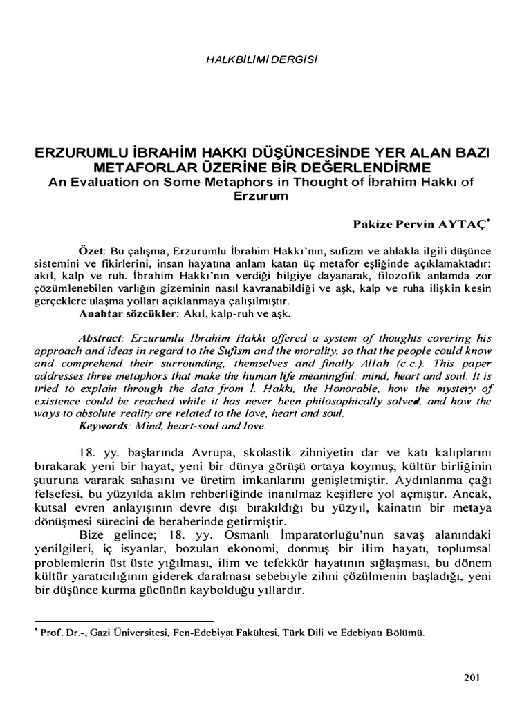 Erzurumlu - Brahim Hakk - D - Ncesinde Yer Alan Baz - Metaforlar - Zerine Bir de - Erlendirme ...