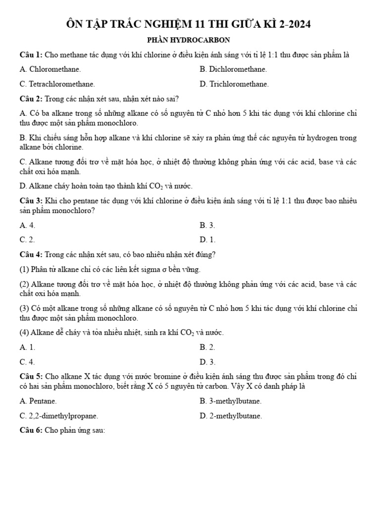 Hóa 11 Đề TN 100 Câu TCHH Hydrocarbon | PDF