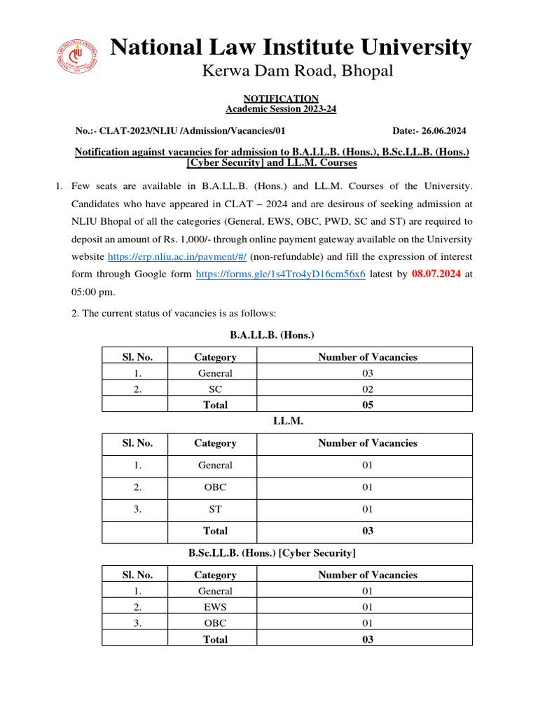 Notice Against Vacant Seats EOI Invitation 26-06-2024 | PDF