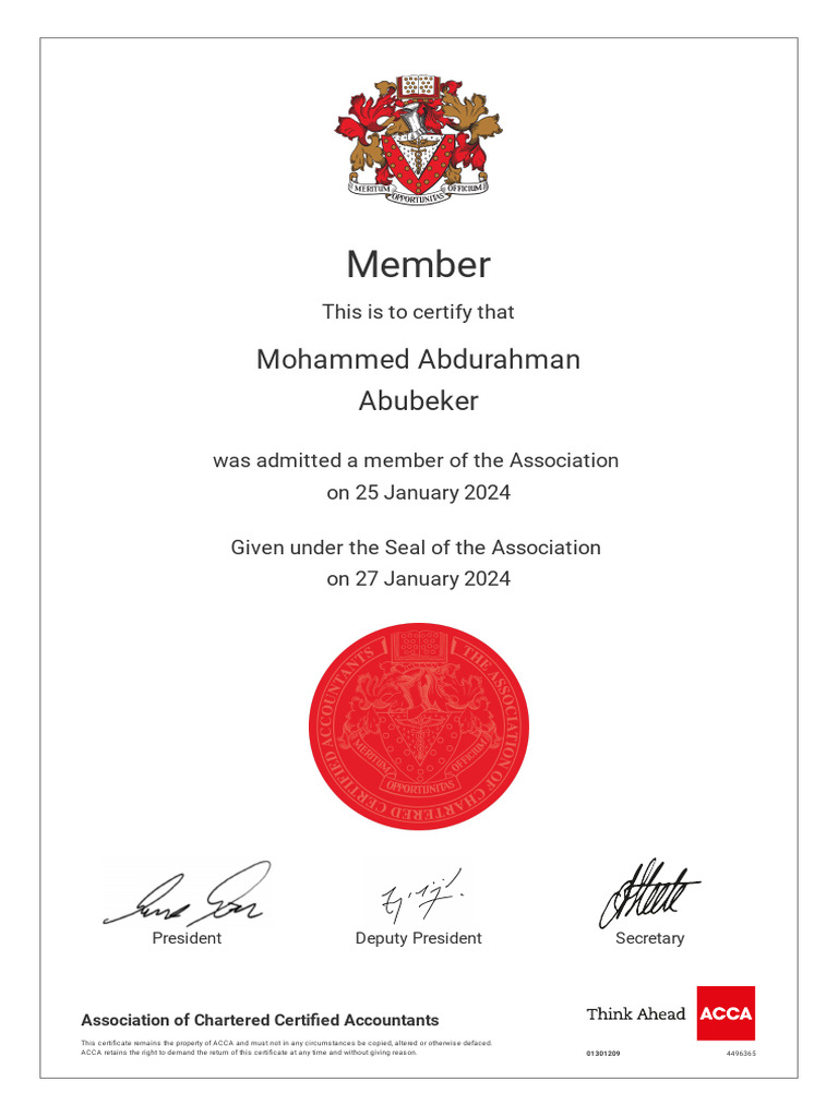 ACCA Membership Certificate 01301209 4496365 MSC | PDF