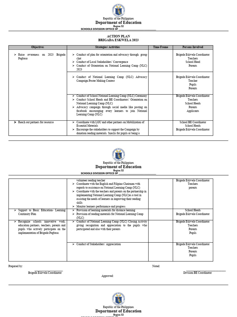 Brigada Eskwela 2023 Action Plan | PDF | Reading Comprehension | Teachers