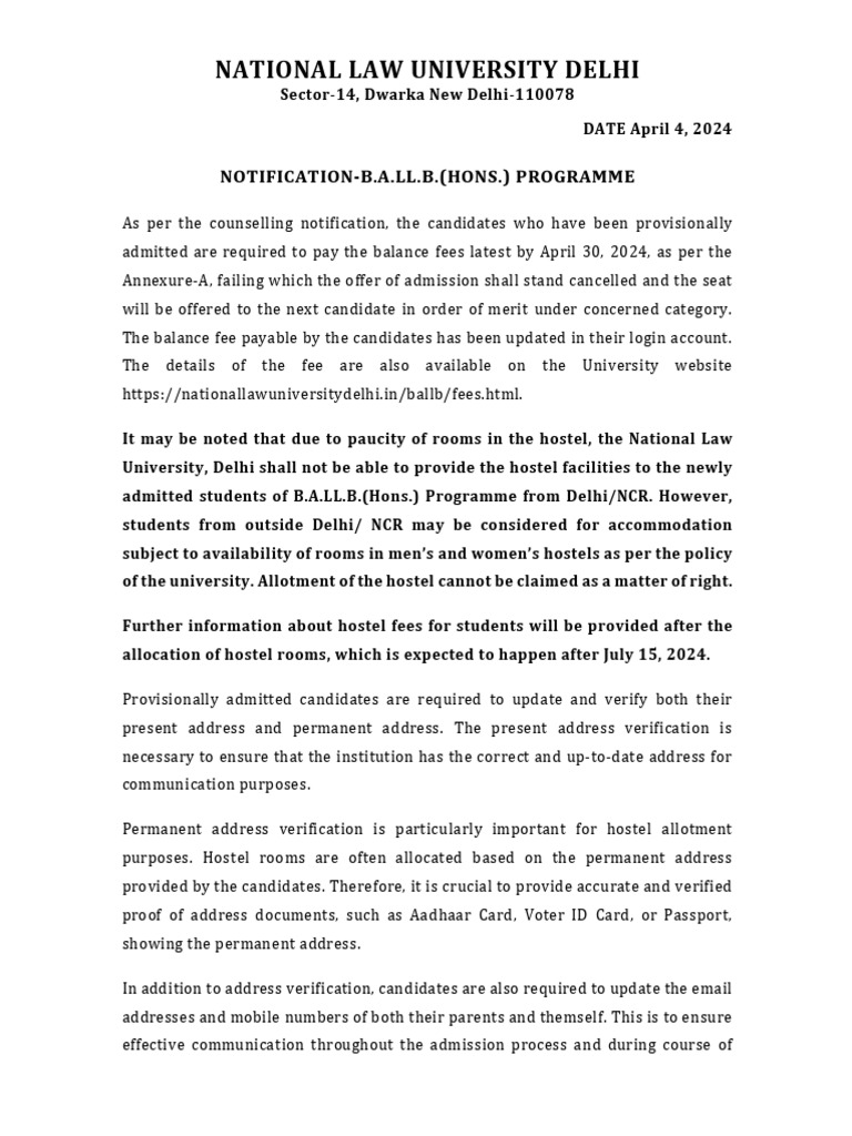 Fee_Notification_Ballb | PDF