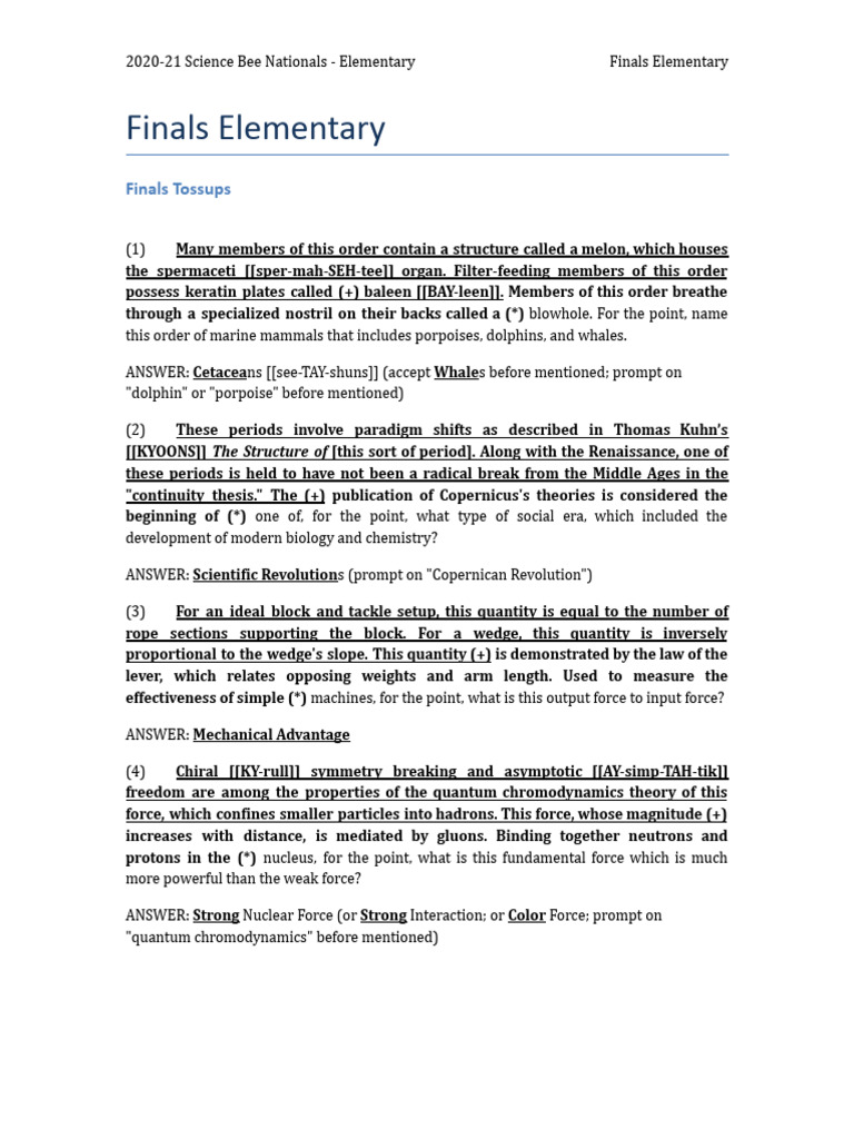 National Science Bee Elementary Final | PDF | Buoyancy | Fundamental ...