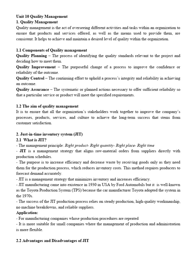 Unit 10 Quality Management | PDF | Lean Manufacturing | Quality Management