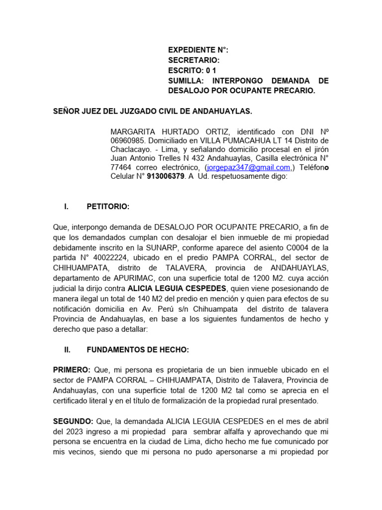 Demanda de Desalojo por Ocupante Precario | PDF | Ley procesal | Justicia