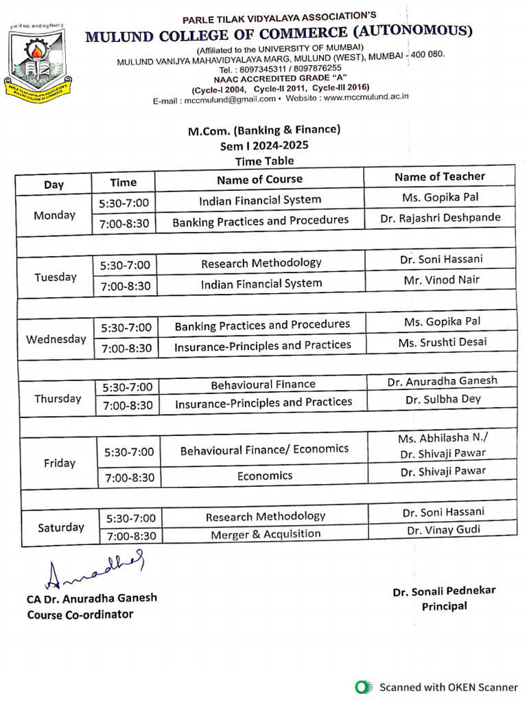 Banking & Finance Sem 1 Timetable | PDF