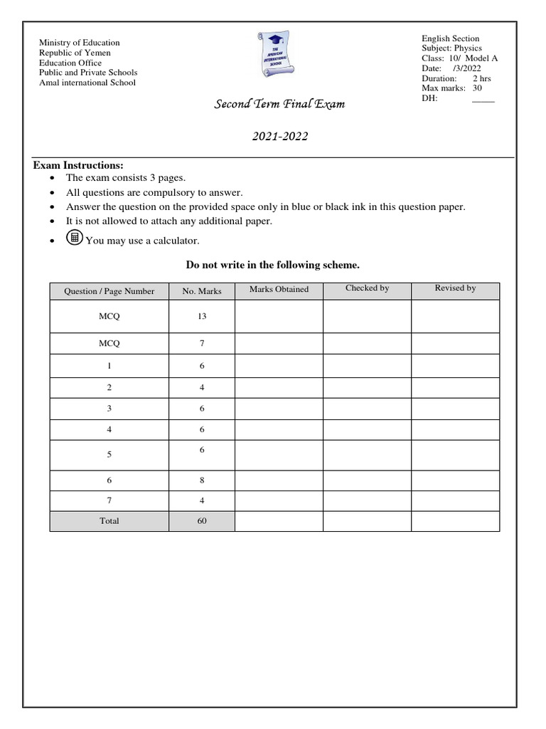 New Physics Final Exam Class 10mod A 2021-2022 Amal School | PDF | Force | Electrical Resistance ...