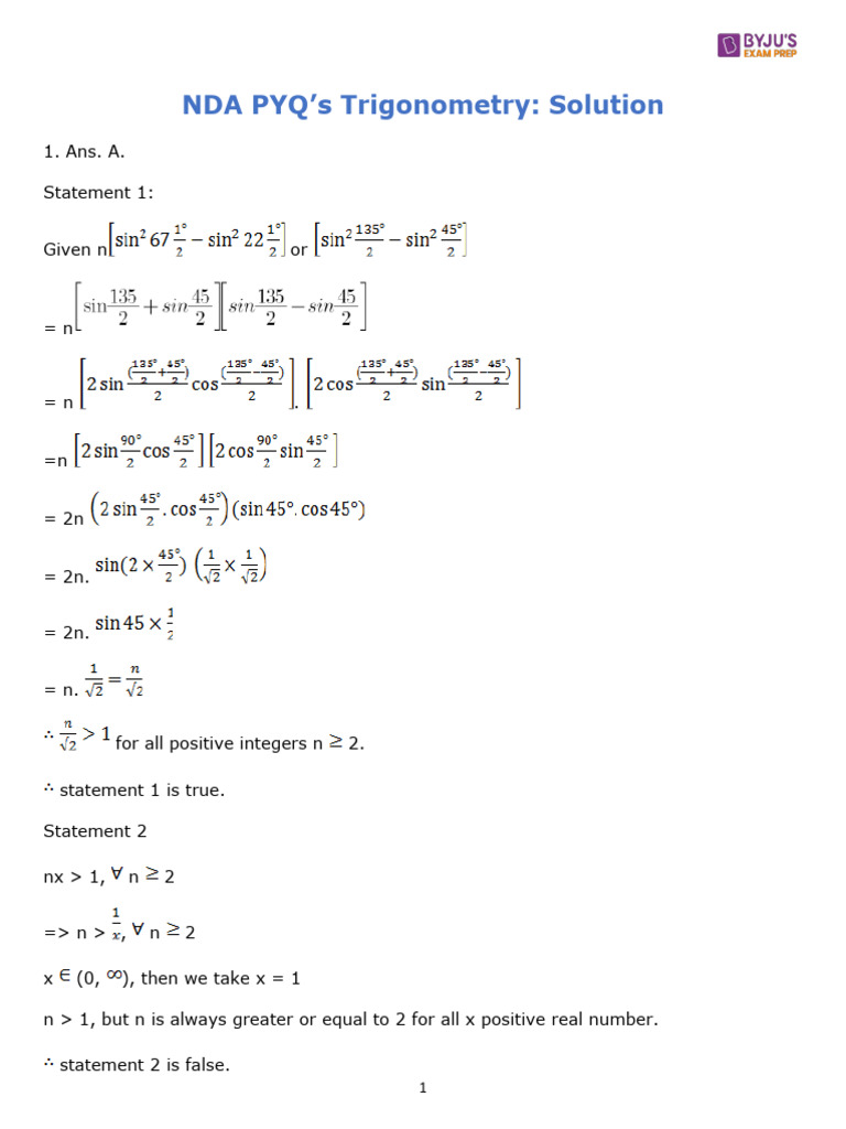 Nda Trigonometry Solution 40 | PDF | Triangle | Elementary Geometry Nda Trigonometry Solution 40 | PDF | Triangle | Elementary Geometry