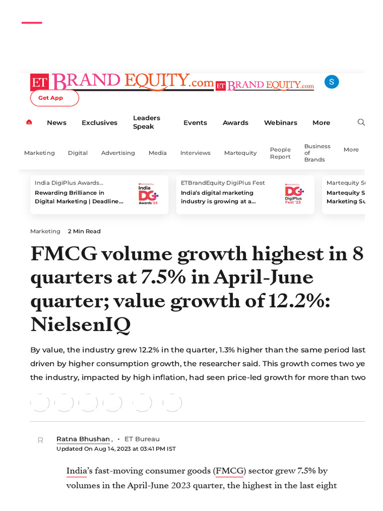 FMCG volume growth highest in 8 quarters at 7.5_ NielsenIQ | PDF | Recession | Walmart